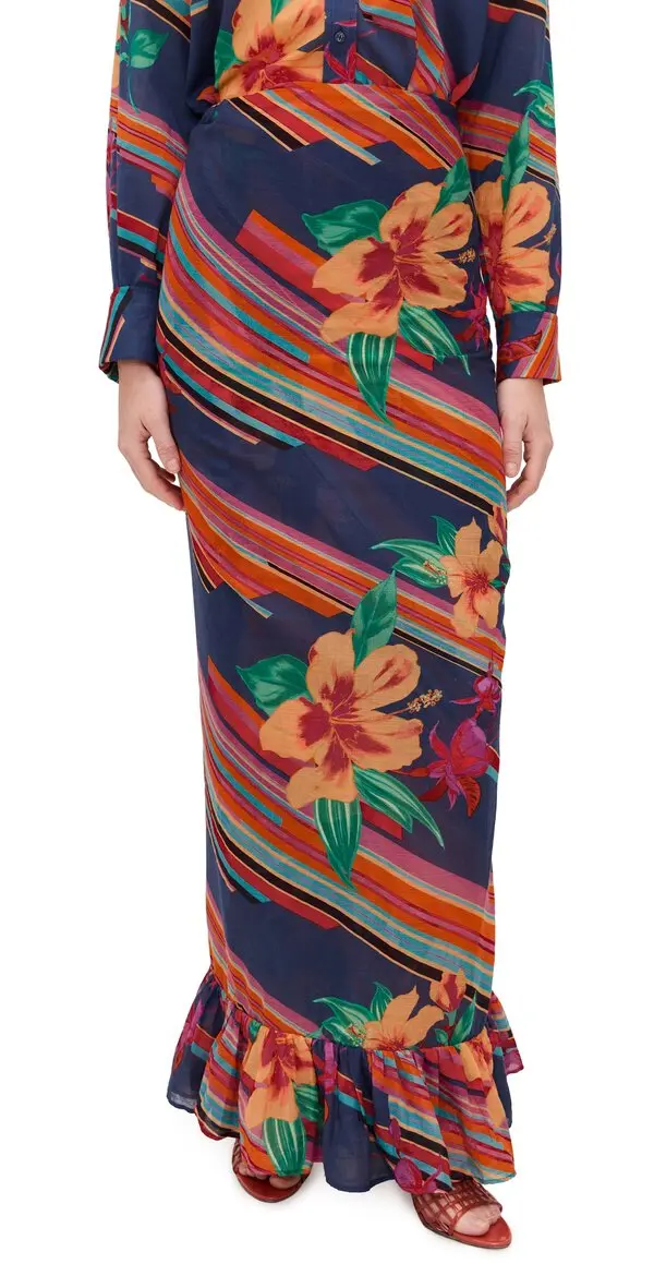 CONIGLIO PALM BEACH Floral Printed Pareo - Hibiscus Stripe Navy Multi
