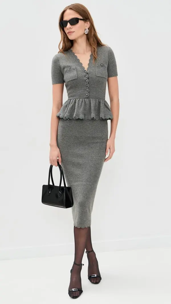 Self-Portrait Peplum Knit Midi Dress - Grey | Editorialist