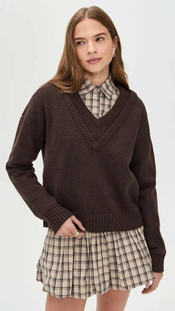 LE BOP Double V-neck Pullover Sweater - Chocolate