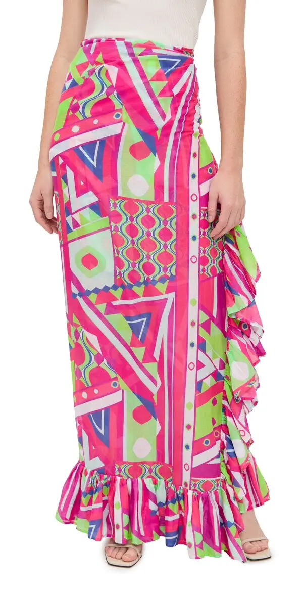 CONIGLIO PALM BEACH Geometric Print Pareo With Ruffle Trim - Prism Geo Magenta Grove