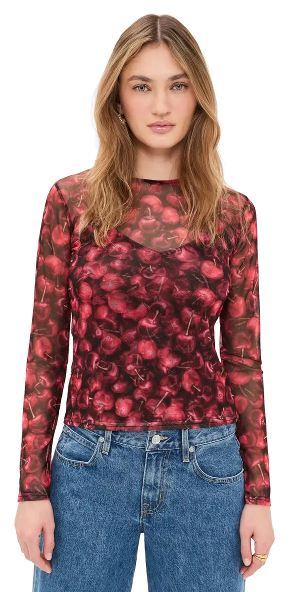 NEVER FULLY DRESSED Cherry Print Mesh Top