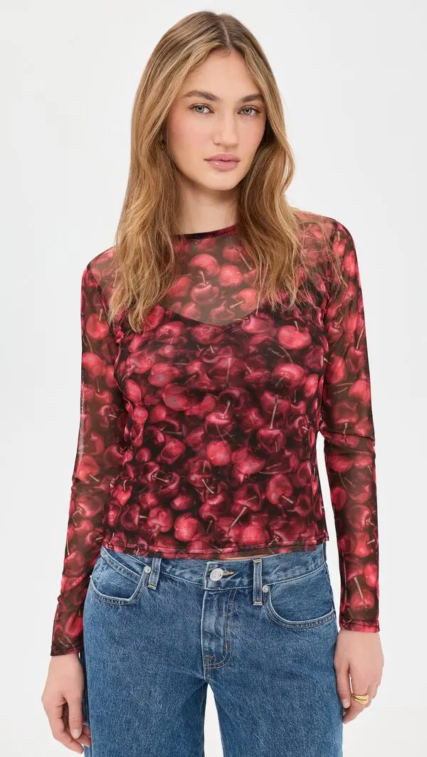 NEVER FULLY DRESSED Cherry Print Mesh Top