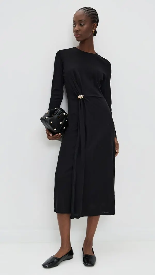 Vince Long Sleeve Side Drape Midi Dress - Black - 40% Off | Editorialist