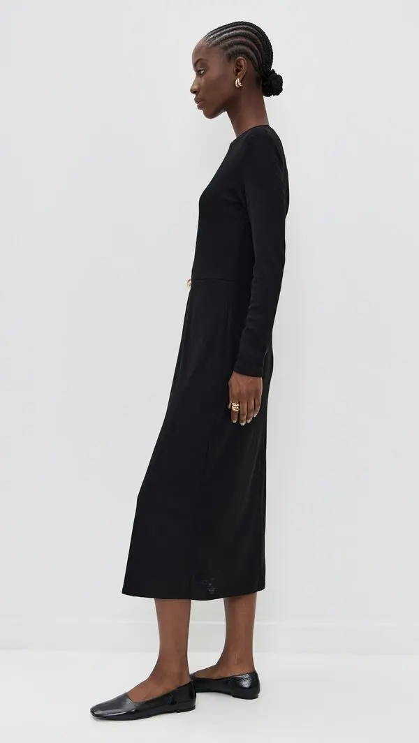 Long Sleeve Side Drape Midi Dress - Black