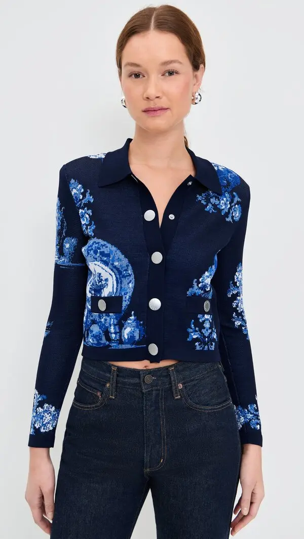 L'Agence Osiris Jacquard Collared Cardigan - Black/blue Porcelain