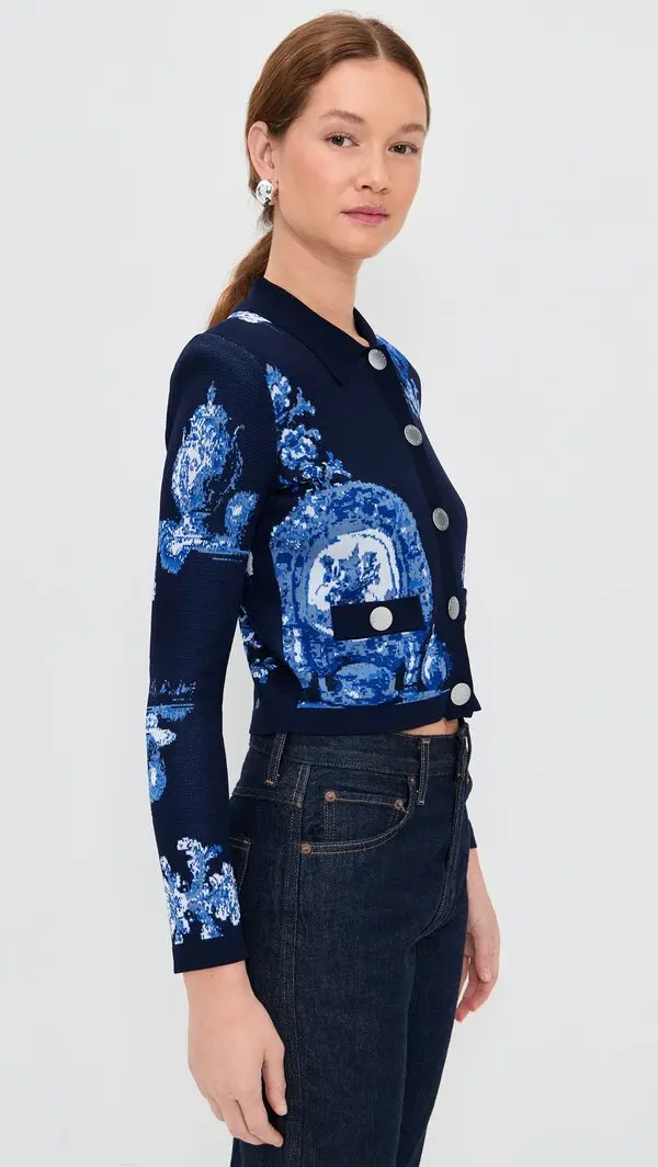 L'Agence Osiris Jacquard Collared Cardigan - Black/blue Porcelain