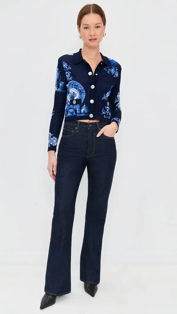L'Agence Osiris Jacquard Collared Cardigan - Black/blue Porcelain