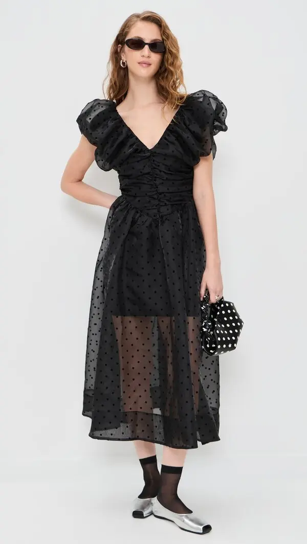 black dress ganni Ganni Textured Organza Long Full Circle Dress in Black