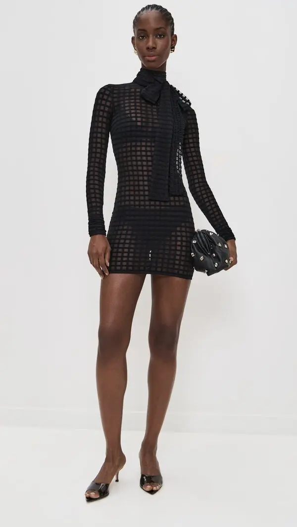 Laquan Smith Cross Grain Pussybow Mini Dress - Black