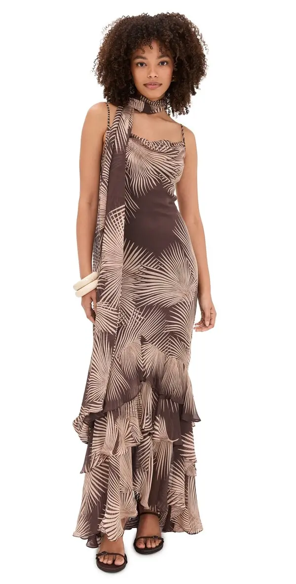 Rococo Sand Palm Print Cowl Maxi Dress With Sash - Brown