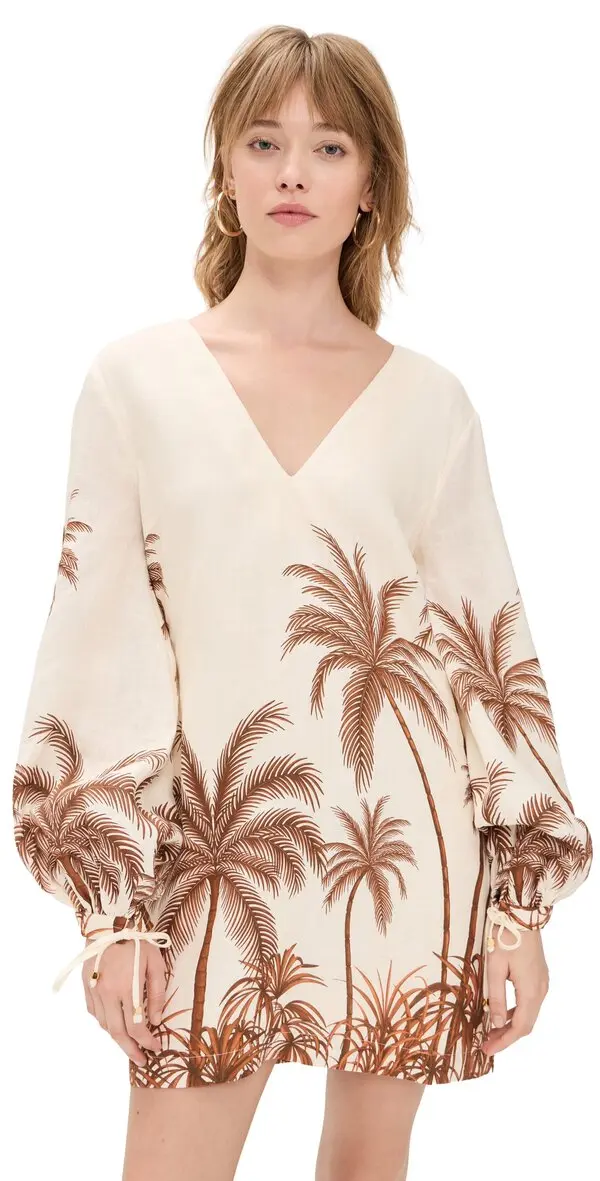 ANDRES OTALORA Tropical Print Puff Sleeve Mini Dress - Mocha Paradiso