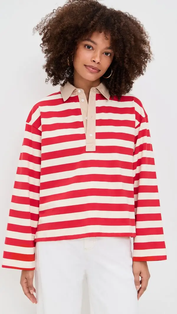 STATE & LAKE Striped Jersey Polo - Red/ivory
