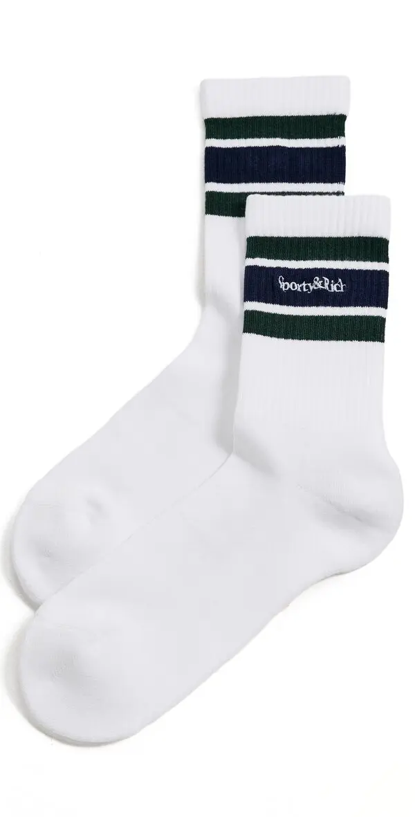 SPORTY & RICH Serif Logo Crew Socks - White/forest/dark Navy