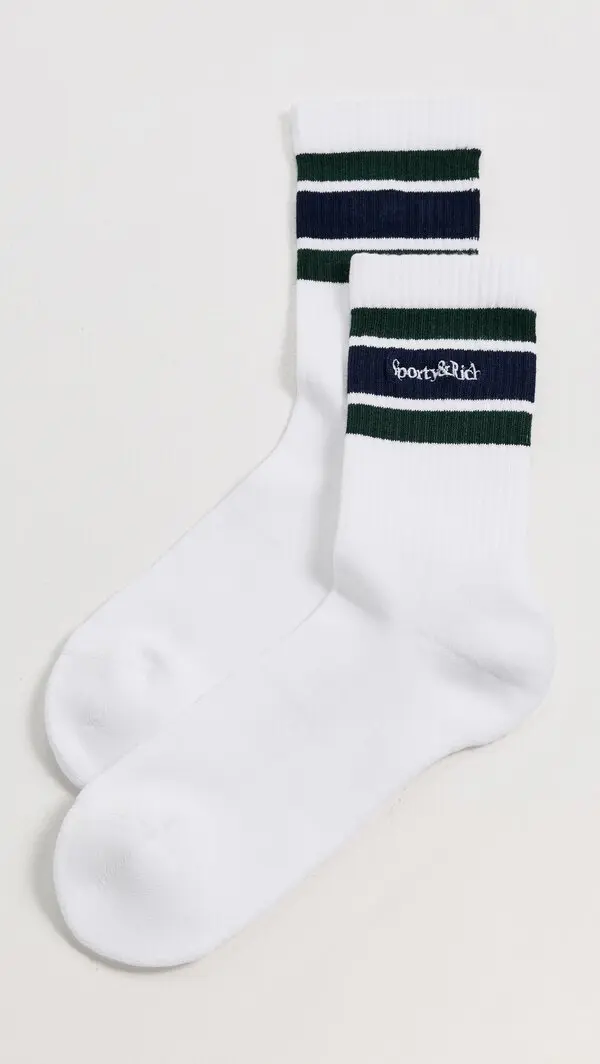 SPORTY & RICH Serif Logo Crew Socks - White/forest/dark Navy