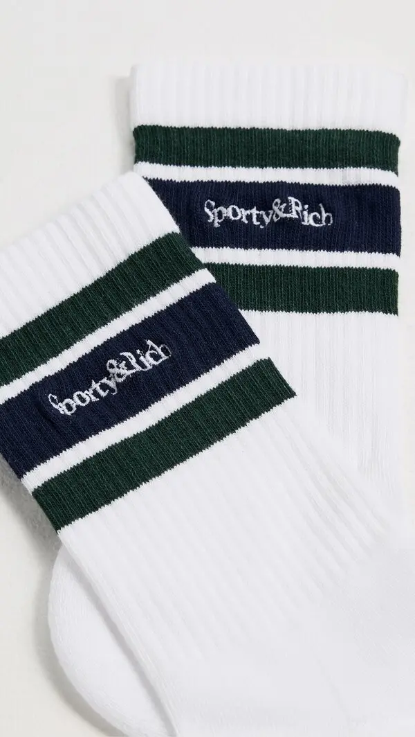 SPORTY & RICH Serif Logo Crew Socks - White/forest/dark Navy