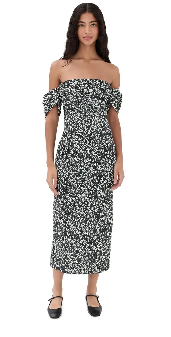 KIKA VARGAS Off-shoulder Ruched Floral Midi Dress - Midnight