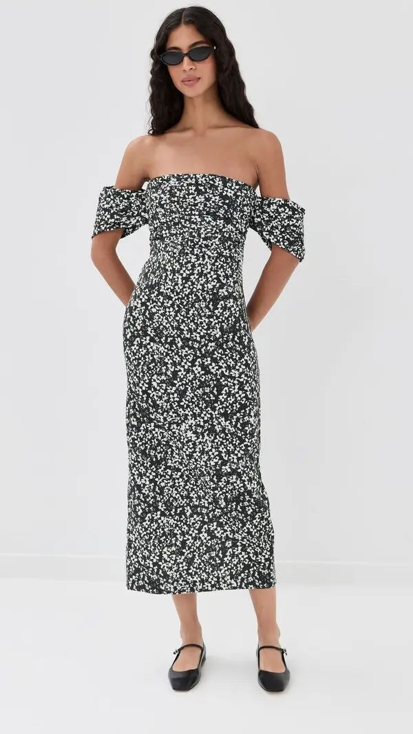 KIKA VARGAS Off-shoulder Ruched Floral Midi Dress - Midnight