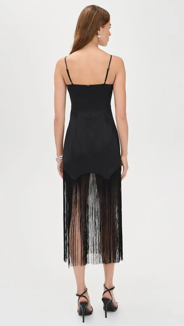 FLEUR DU MAL Satin Fringe Maxi Dress - Black