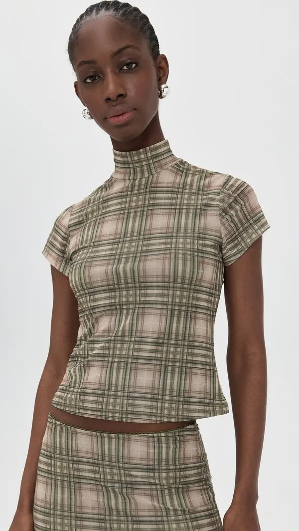 ANOTHER GIRL Plaid Mesh High Neck Top
