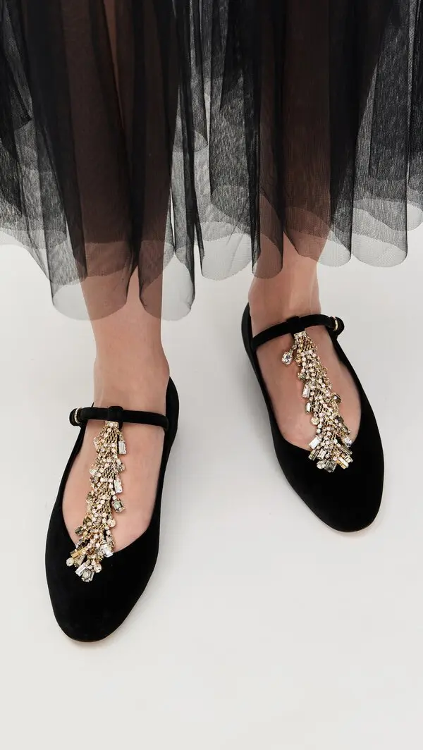Ulla Johnson Bianca Crystal T-strap Ballerina Flats - Black