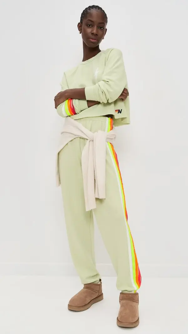 Aviator Nation 5 Stripe Fleece Sweatpants - Lime Cream/white Neon