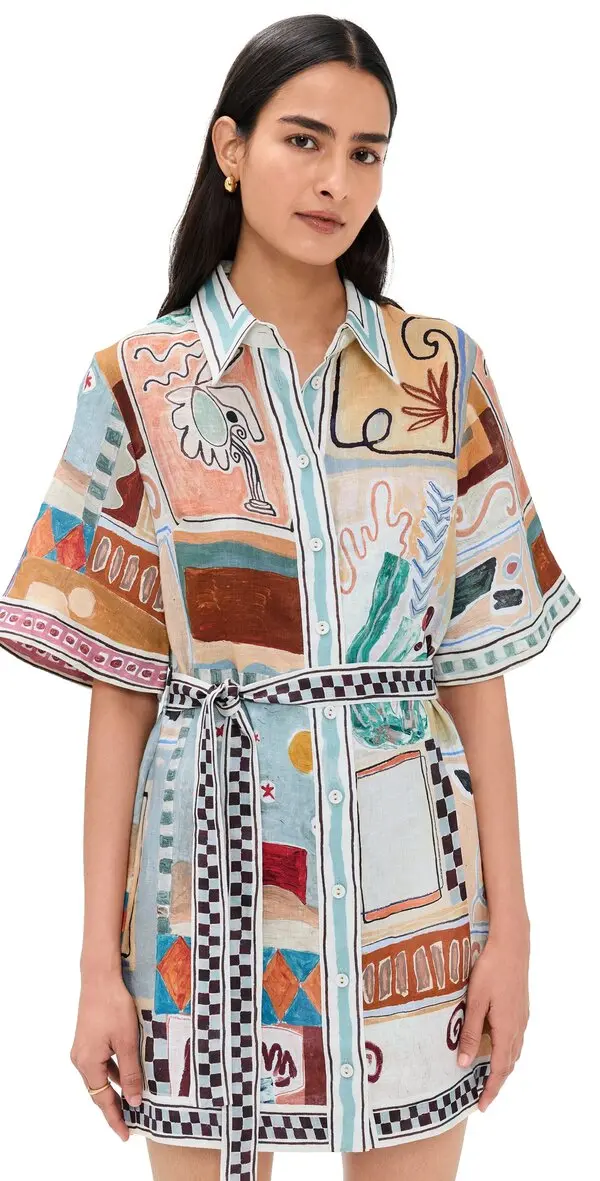 ALEMAIS Printed Linen Mini Shirtdress - Multi
