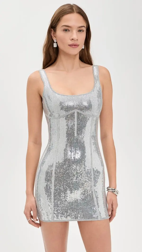 FLEUR DU MAL Sequin Knit Corset Mini Dress - Platinum
