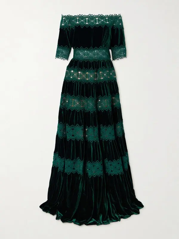 Costarellos Off-the-shoulder Lace And Velvet Gown