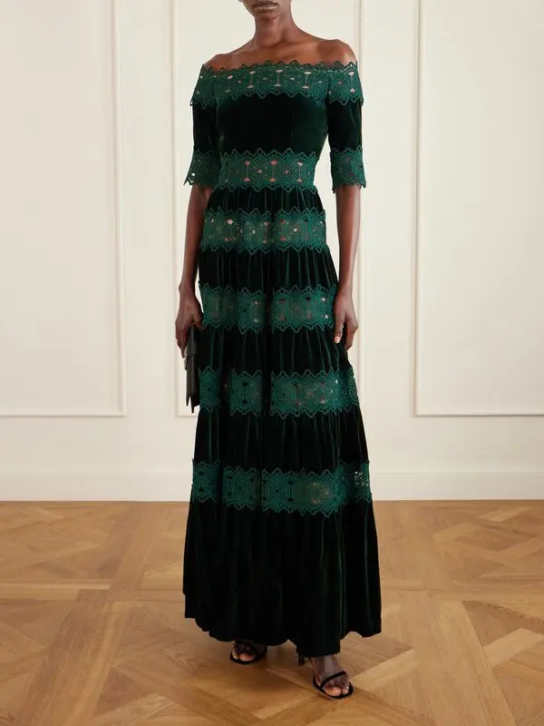 Costarellos Off-the-shoulder Lace And Velvet Gown