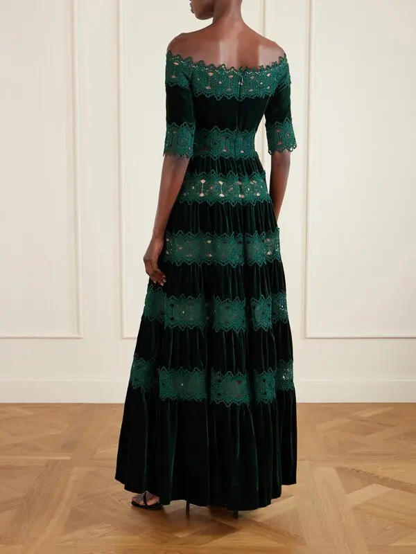 Costarellos Off-the-shoulder Lace And Velvet Gown