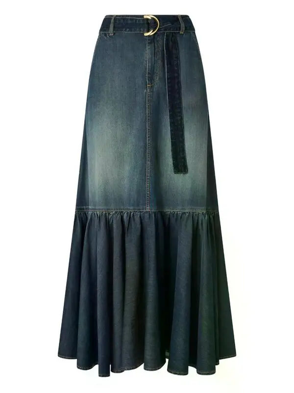 Pinko Belted Ruffled Denim Midi Skirt