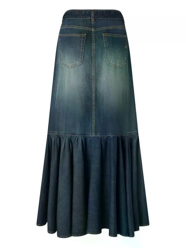 Pinko Belted Ruffled Denim Midi Skirt