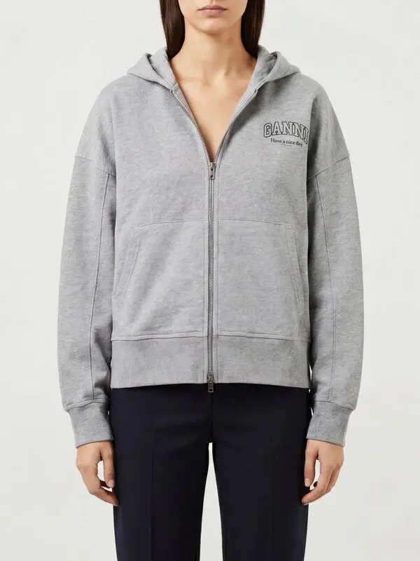 GANNI Relaxed Fit Cotton Zip-up Hoodie With Contrast Logo - Grey