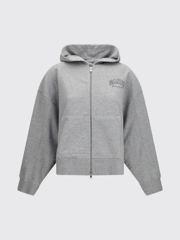 GANNI Relaxed Fit Cotton Zip-up Hoodie With Contrast Logo - Grey