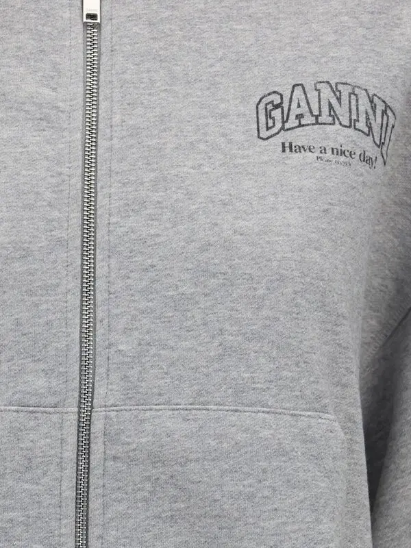 GANNI Relaxed Fit Cotton Zip-up Hoodie With Contrast Logo - Grey