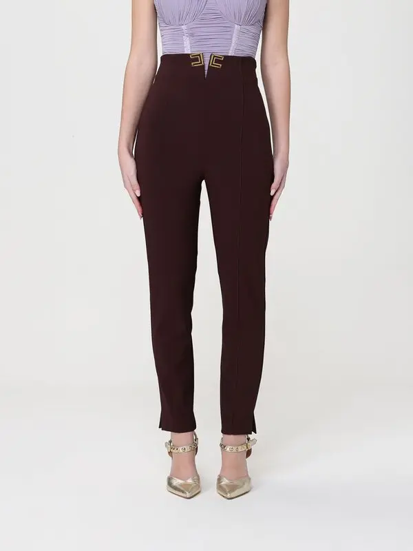 Elisabetta Franchi Double Stretch Crêpe High-waisted Trousers With Metallic Logo Detail - Brown