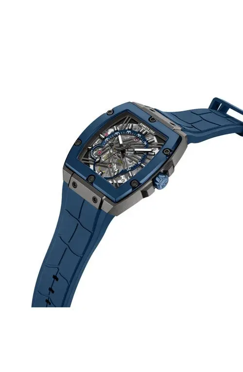 KENNETH COLE Skeleton Tonneau Automatic Silicone Strap Watch