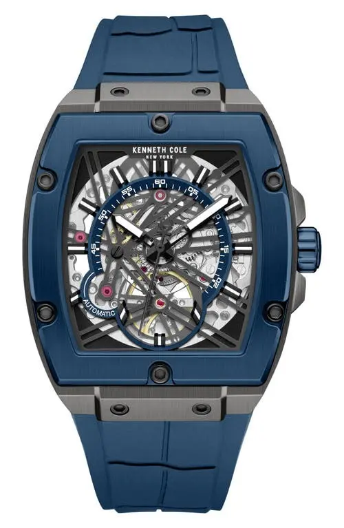 KENNETH COLE Skeleton Tonneau Automatic Silicone Strap Watch