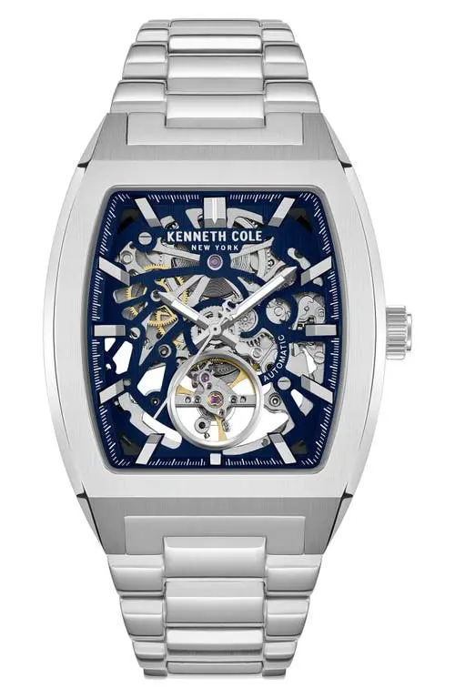 KENNETH COLE The Hollis Tonneau Skeleton Automatic Bracelet Watch - Silver