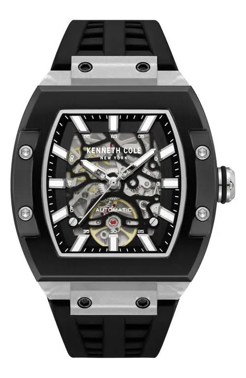 KENNETH COLE Skeleton Tonneau Automatic Strap Watch - Black