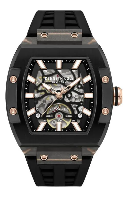 KENNETH COLE Skeleton Tonneau Automatic Silicone Strap Watch - Black
