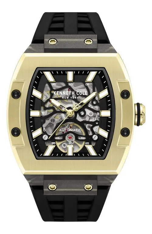KENNETH COLE Skeleton Tonneau Automatic Strap Watch - Black/gold