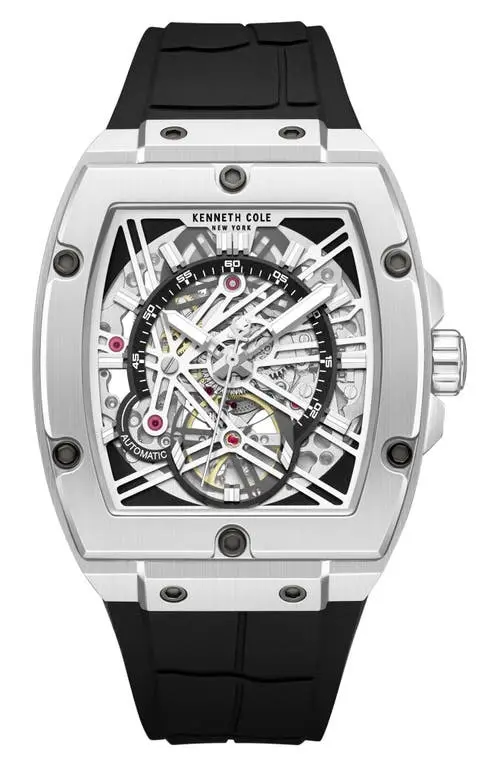 KENNETH COLE Skeleton Tonneau Automatic Strap Watch - Black/silver