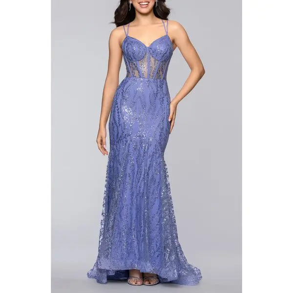 BLONDIE NITES Sequin Illusion Bodice Mermaid Gown - Periwinkle