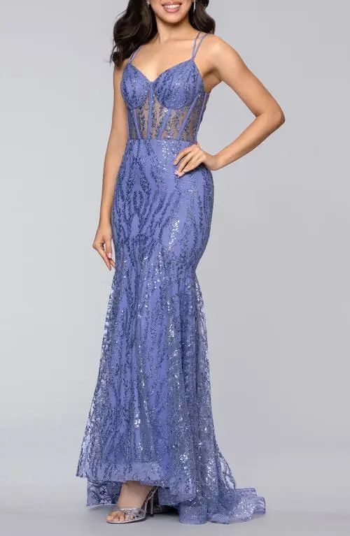 BLONDIE NITES Sequin Illusion Bodice Mermaid Gown - Periwinkle