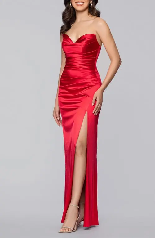 BLONDIE NITES Strapless Ruched Satin Gown - Red