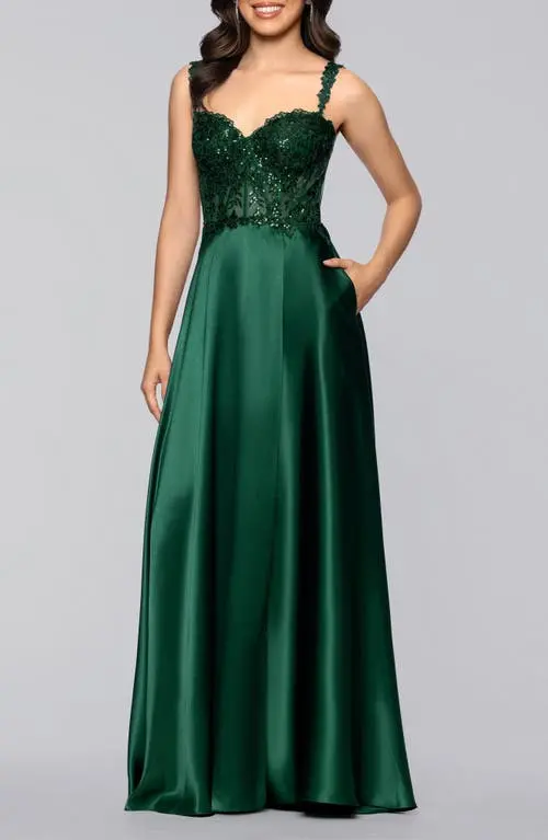 BLONDIE NITES Sequin Bodice Satin Gown - Hunter