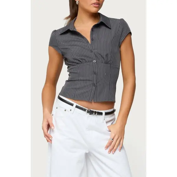 EDIKTED Juney Pinstripe Crop Button-up Shirt - Gray