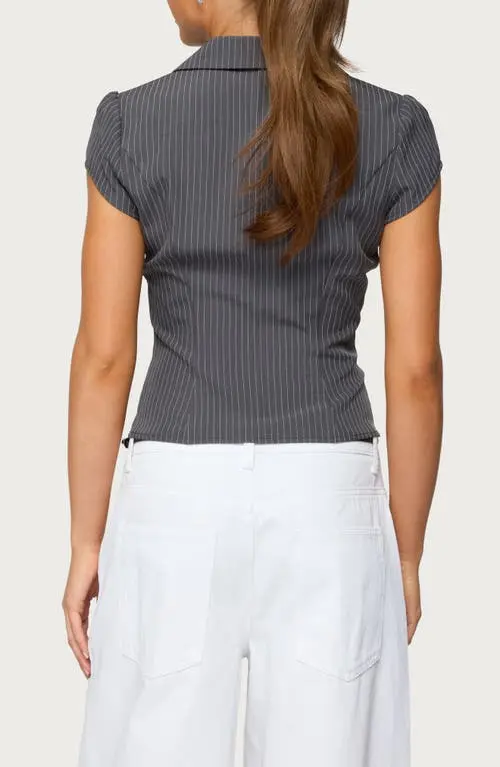 EDIKTED Juney Pinstripe Crop Button-up Shirt - Gray