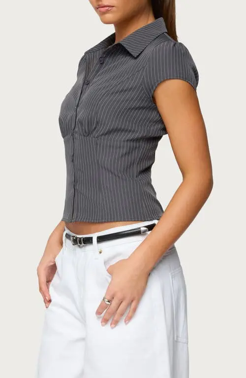 EDIKTED Juney Pinstripe Crop Button-up Shirt - Gray